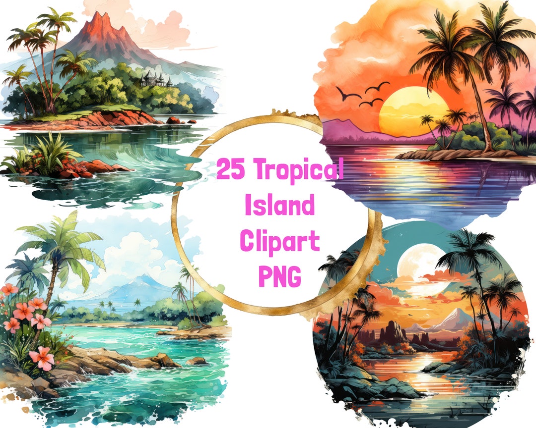 Tropical Island Watercolor Clipart, Tropical Png, Digital Download for ...