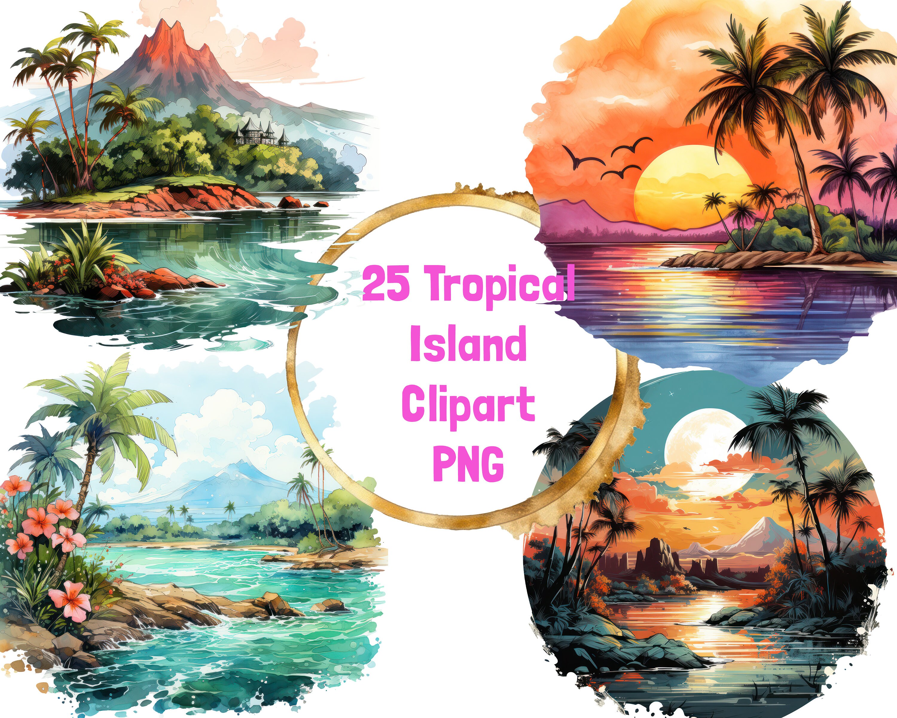 Tropical Island Watercolor Clipart, Tropical Png, Digital Download for ...