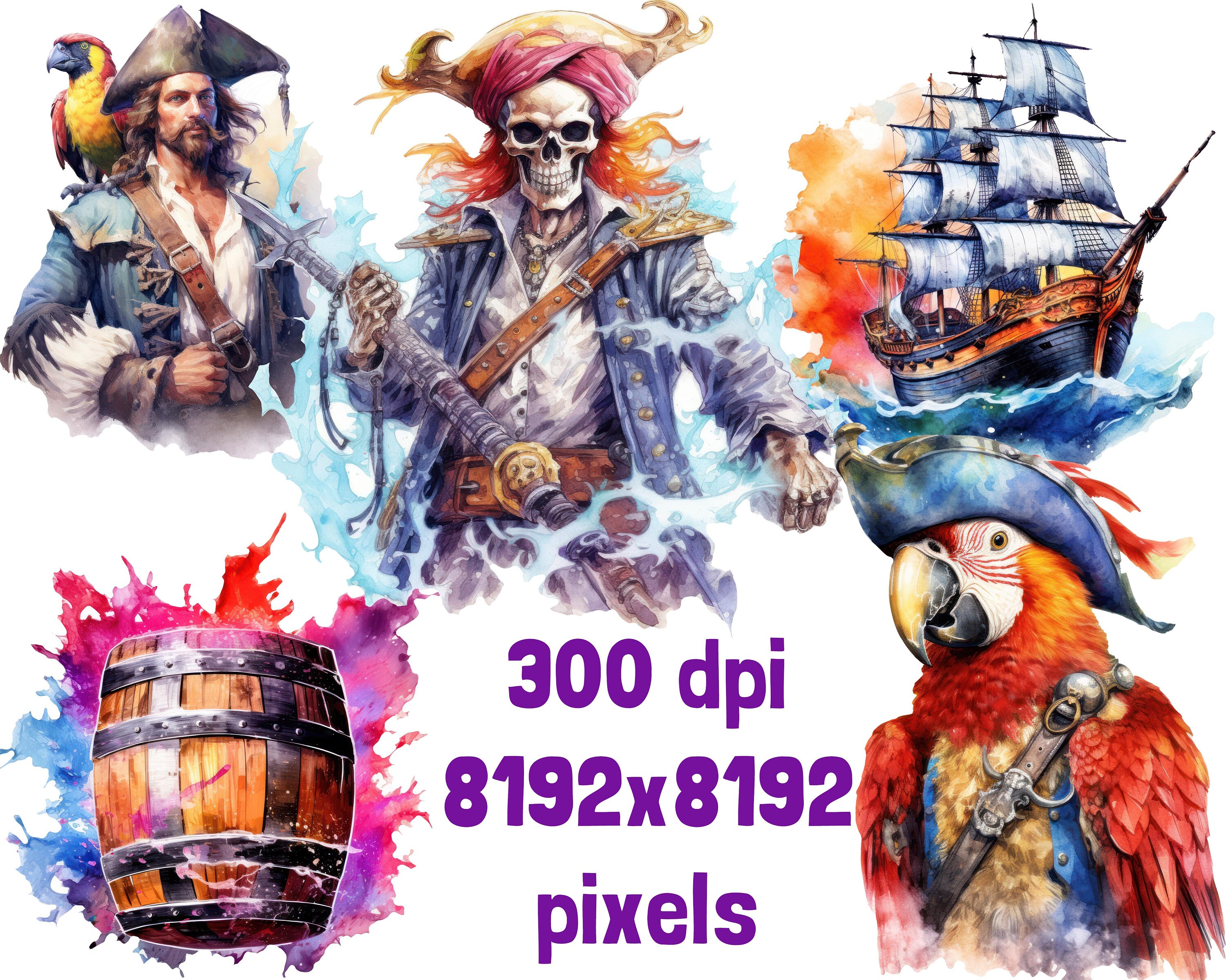 Pirate Clipart, Pirate Clipart Bundle, Pirate Ship Clipart, Watercolor ...