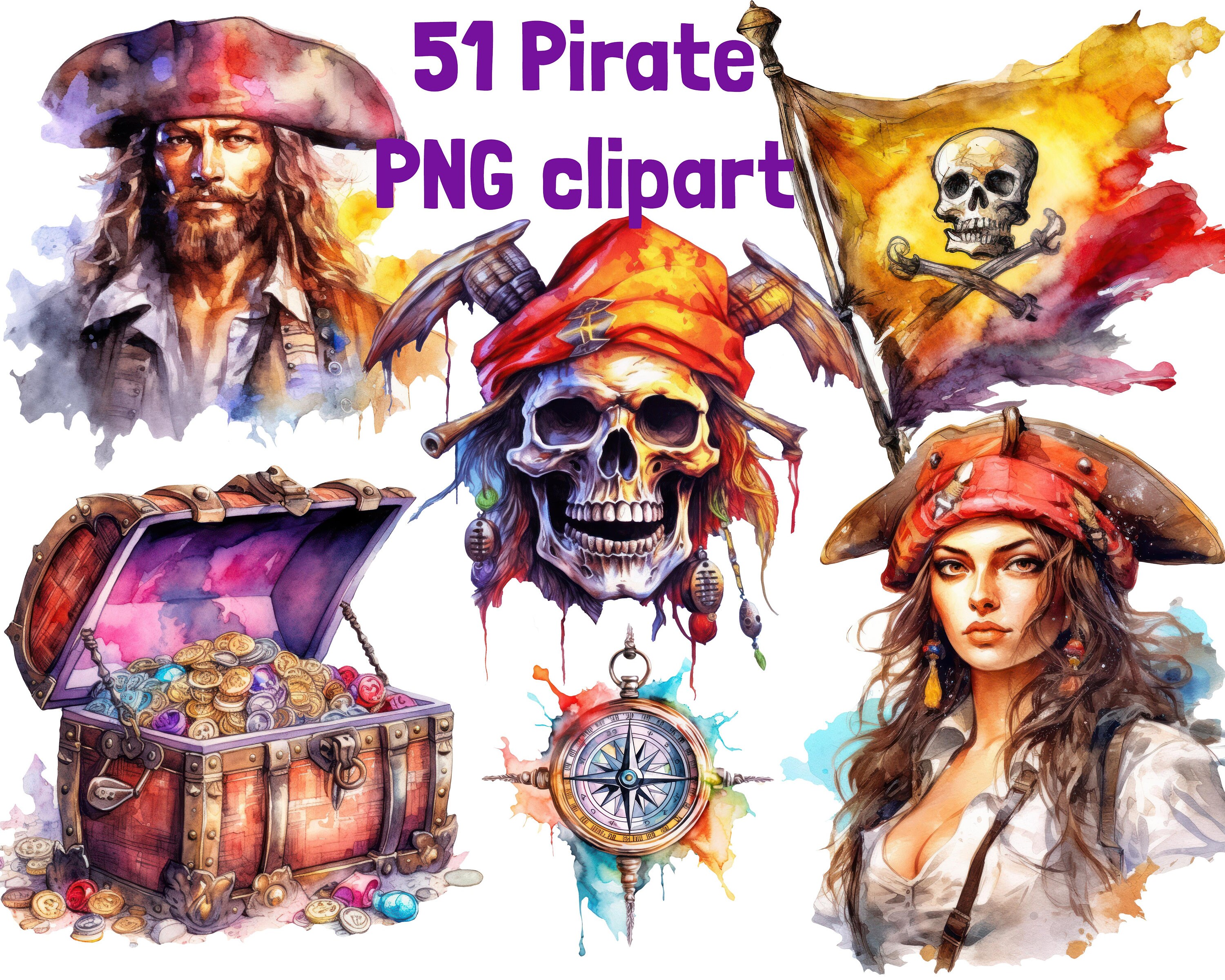 Pirate Clipart, Pirate Clipart Bundle, Pirate Ship Clipart, Watercolor ...