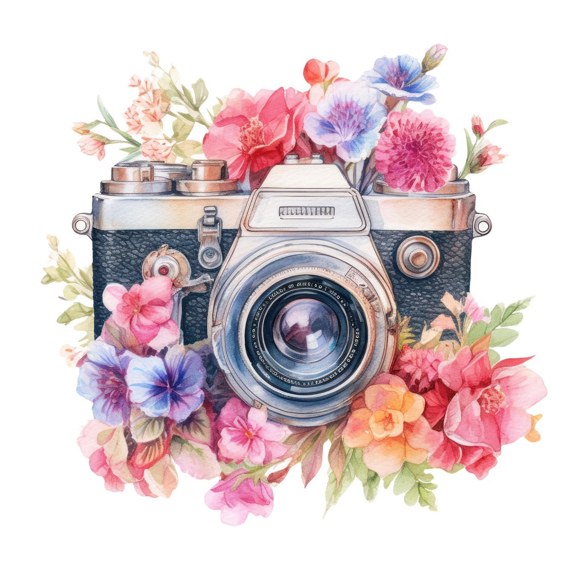 Retro Cameras Clipart Floral Retro Camera Watercolor Clipart Tropical ...