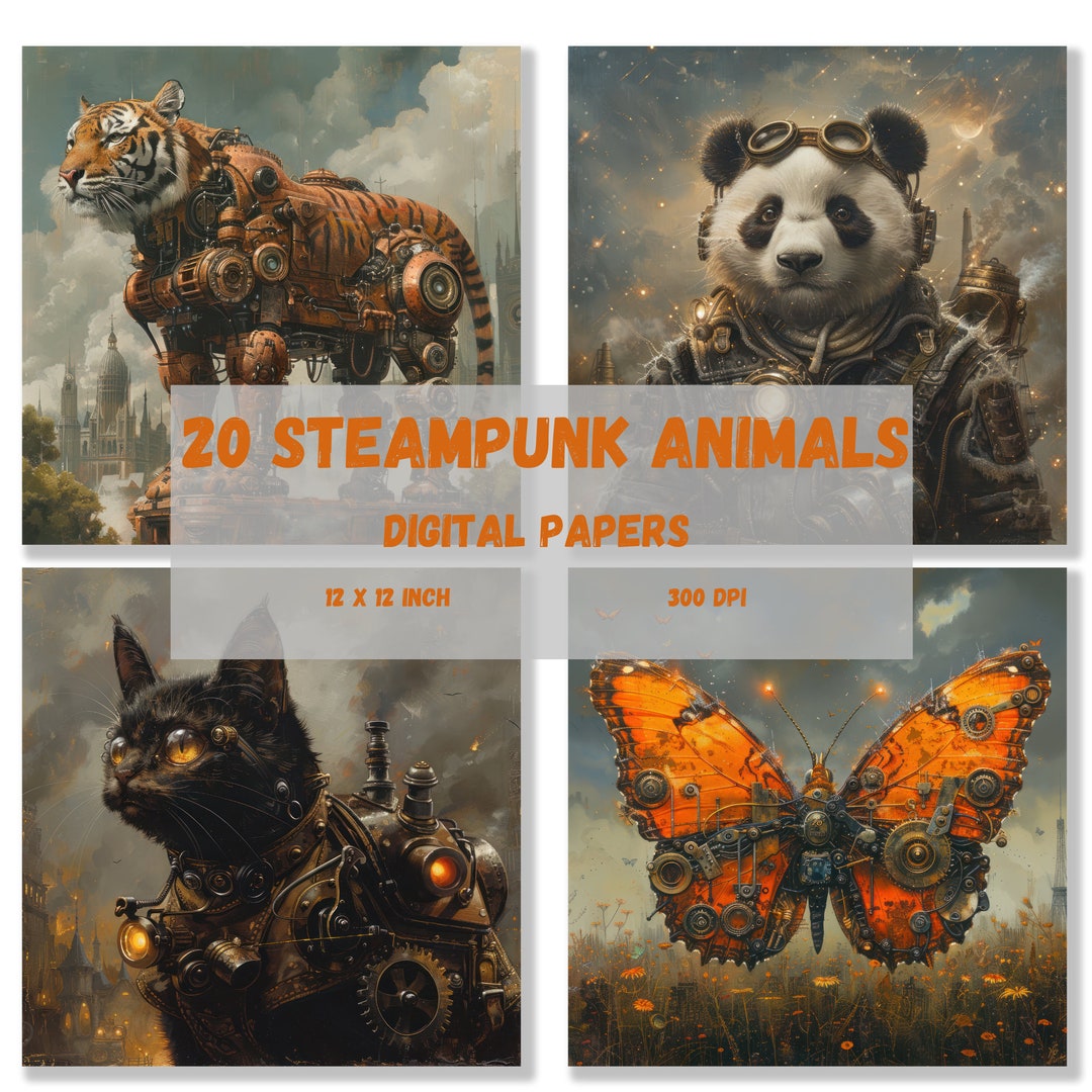 20 Steam Punk Animals Digital Papers, Steampunk Digital Papers, Fantasy ...
