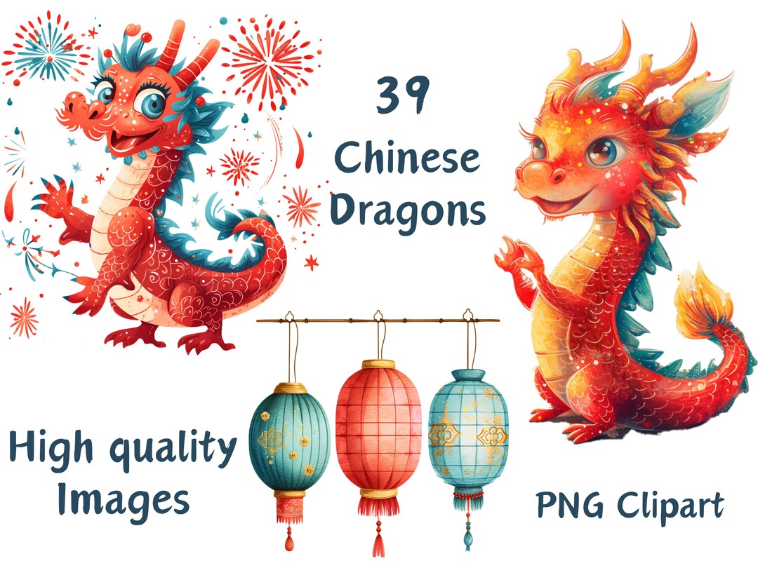 39 Cute Chinese Dragons Clipart, Chinese New Year, Big Bundle, Chinese ...
