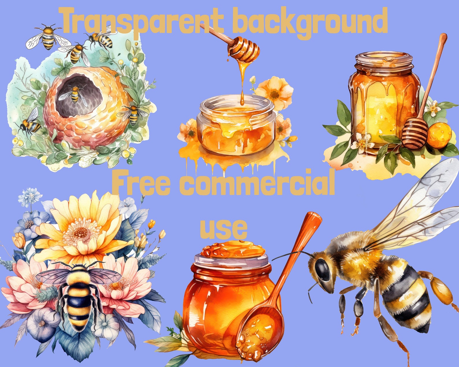 Honey Bee Watercolor Clipart, Spring Garden Clipart, Honey Clipart, Bee ...