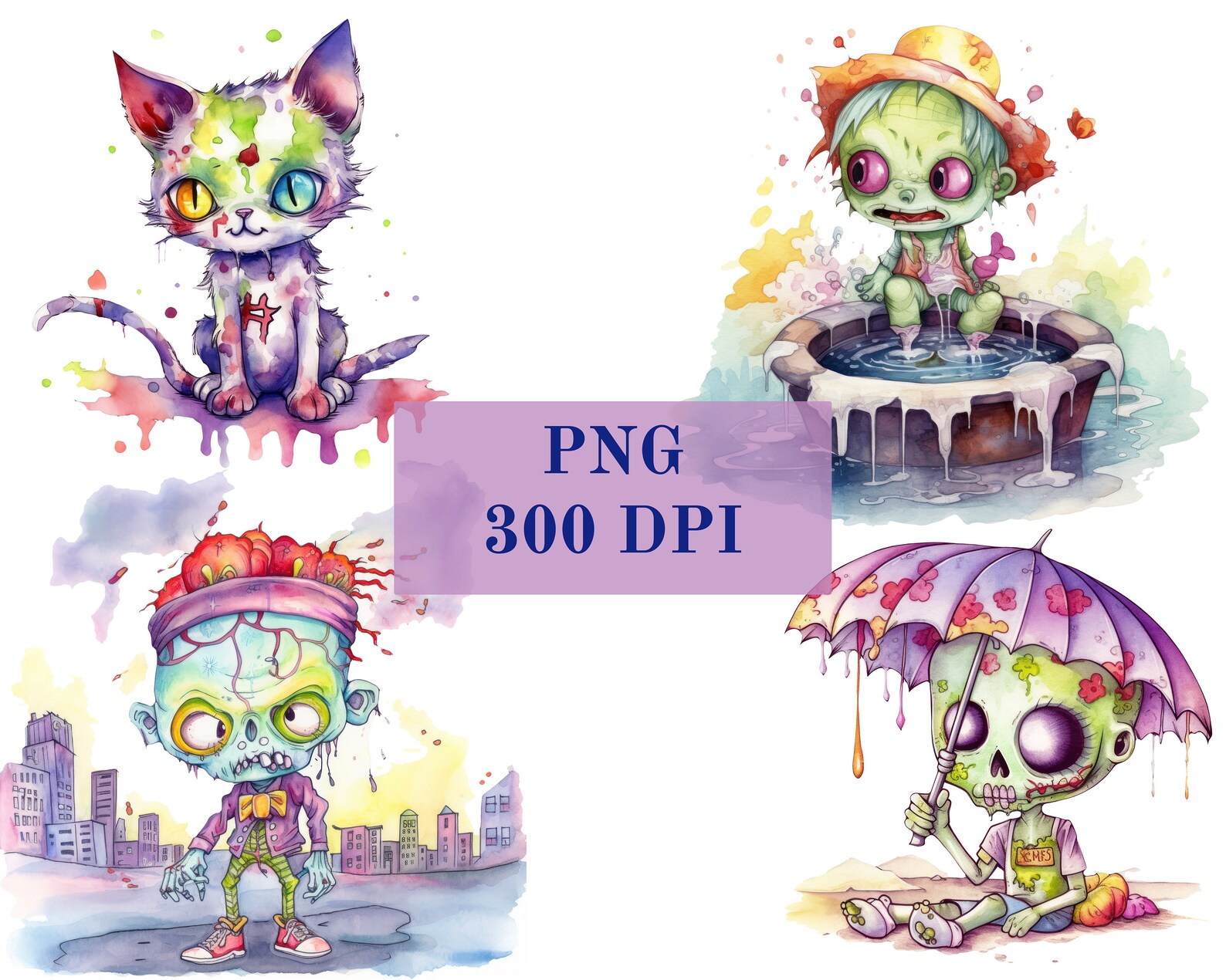 Zombie Clipart, Cute Zombie Png, Watercolor Clipart, Commercial Use ...