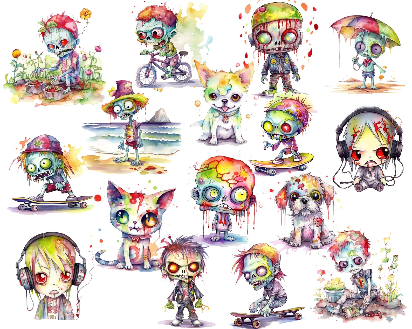 Zombie Clipart, Cute Zombie Png, Watercolor Clipart, Commercial Use ...