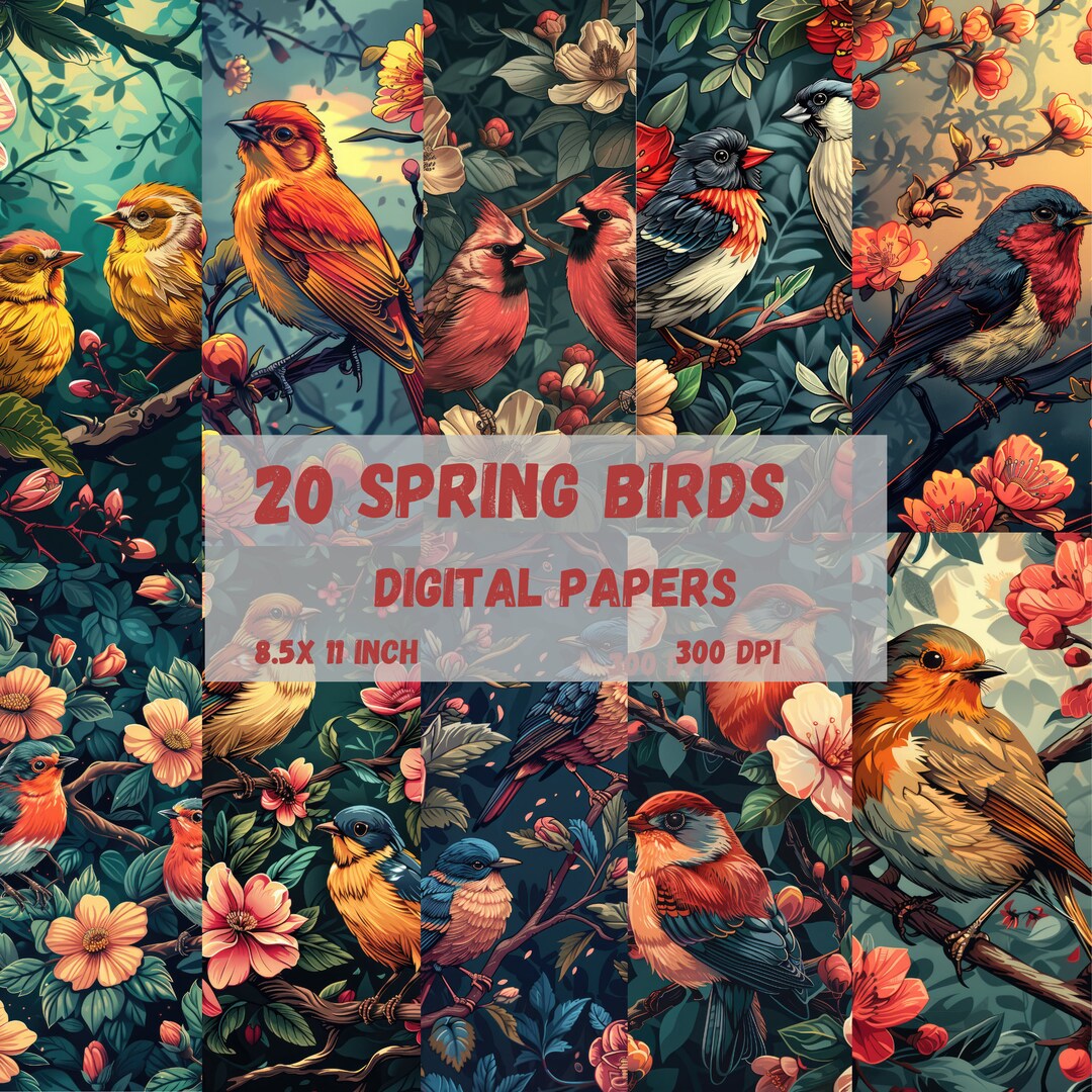 20 JPG Spring Birds Digital Paper, Spring Decorations, Birds Papers ...