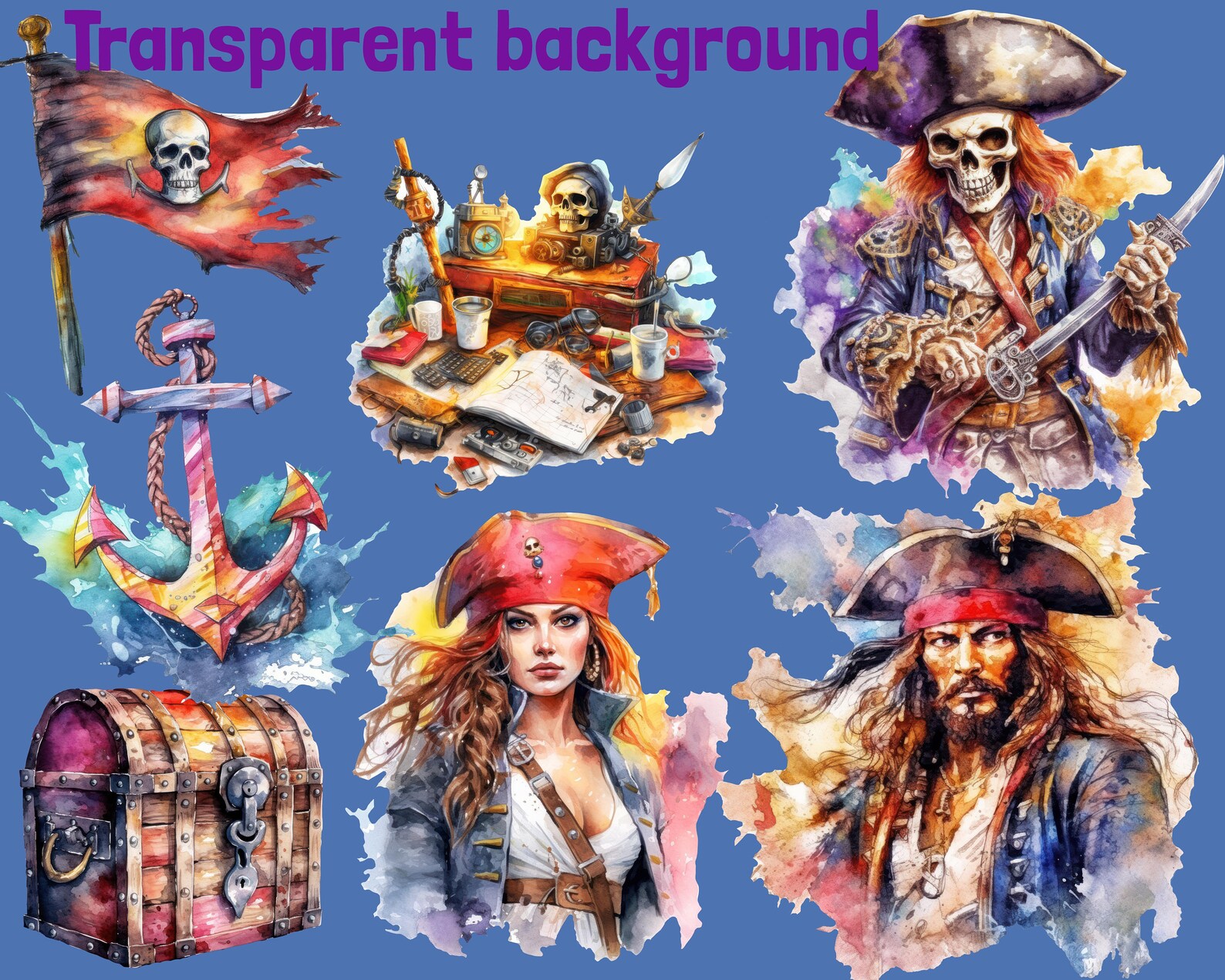 Pirate Clipart, Pirate Clipart Bundle, Pirate Ship Clipart, Watercolor ...