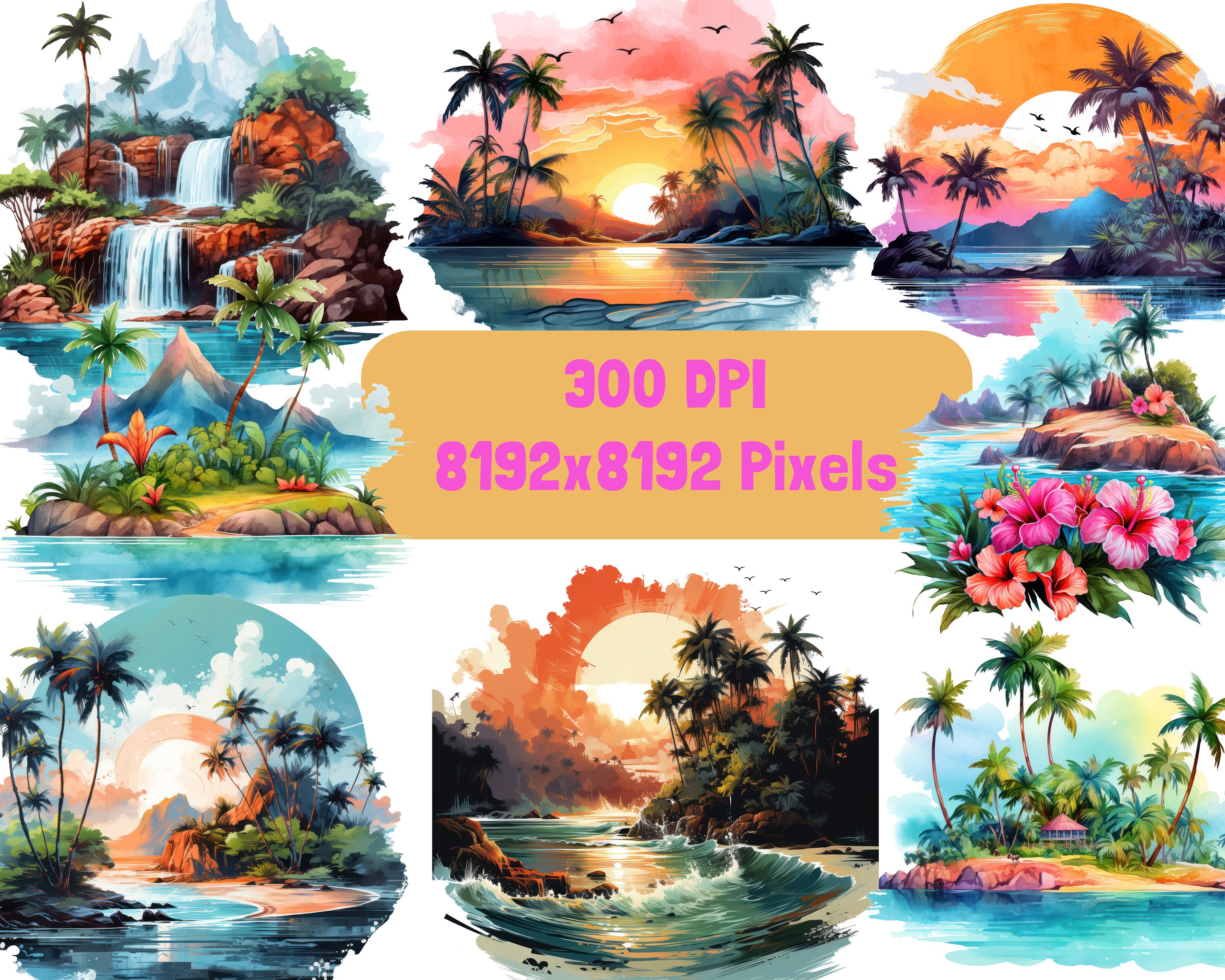 Tropical Island Watercolor Clipart, Tropical Png, Digital Download for ...