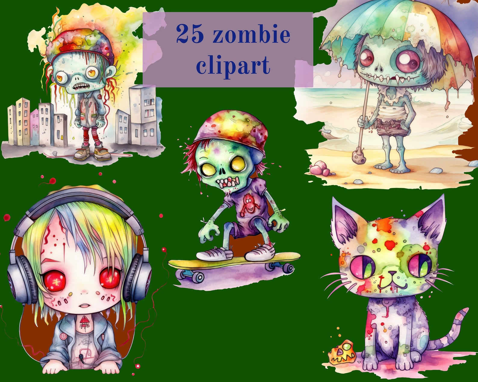 Zombie Clipart, Cute Zombie Png, Watercolor Clipart, Commercial Use ...