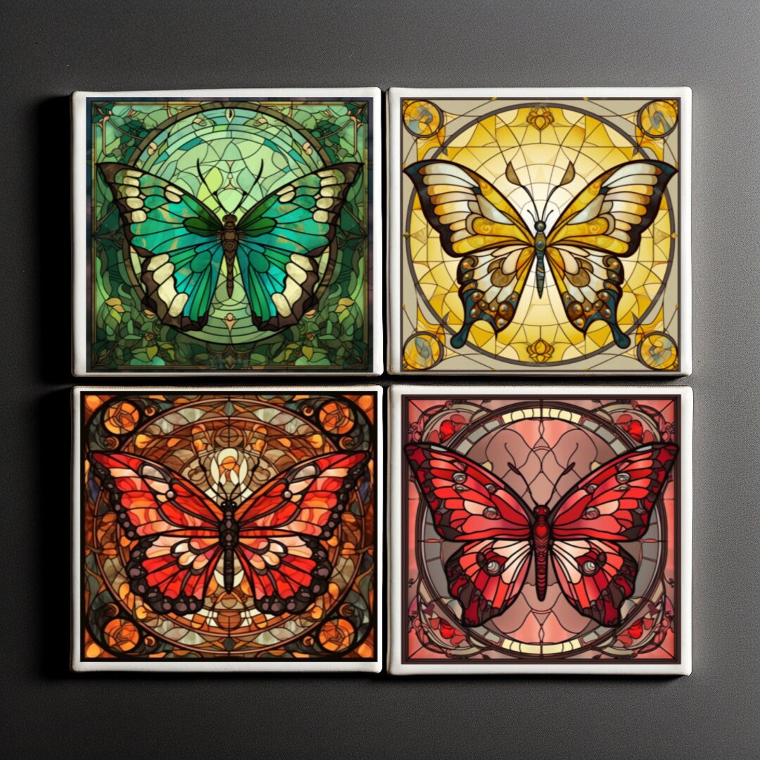 Art Nouveau Butterfly Ceramic Tile Coasters, Art Deco Stained Glass ...