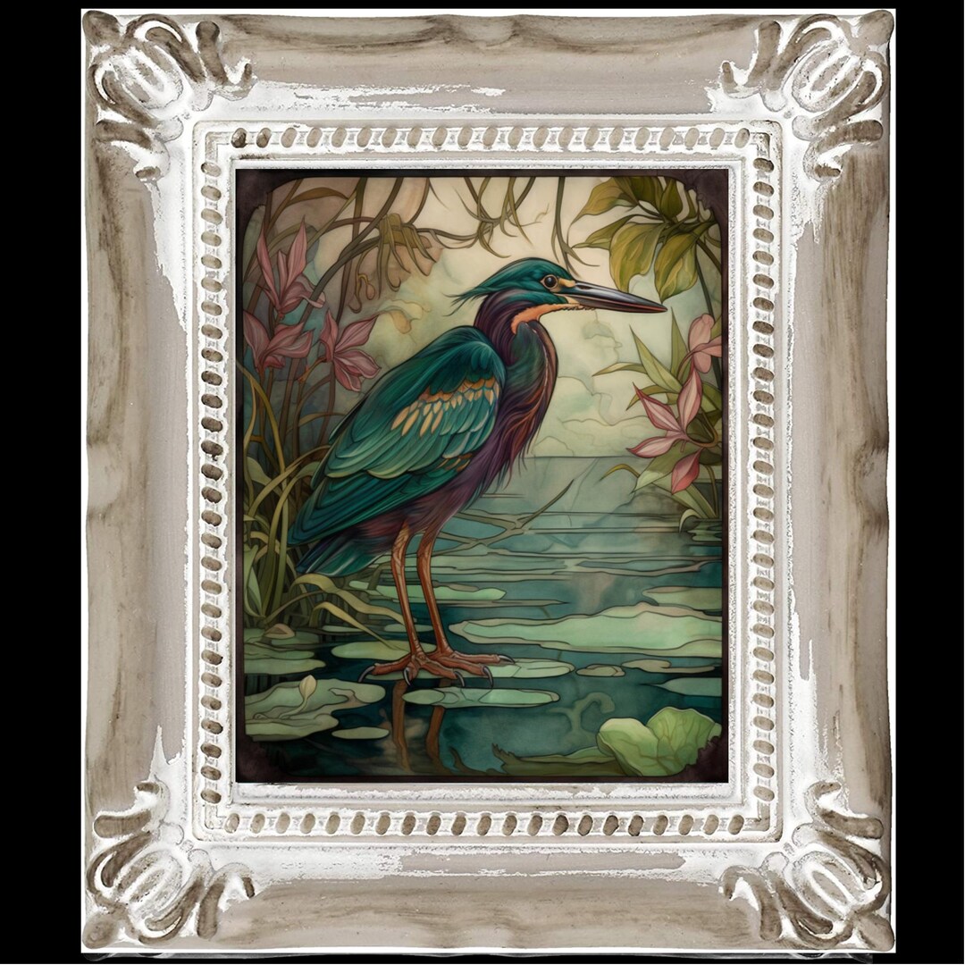 Art Nouveau Bird, Green Heron Wildlife Print on Canvas - Etsy
