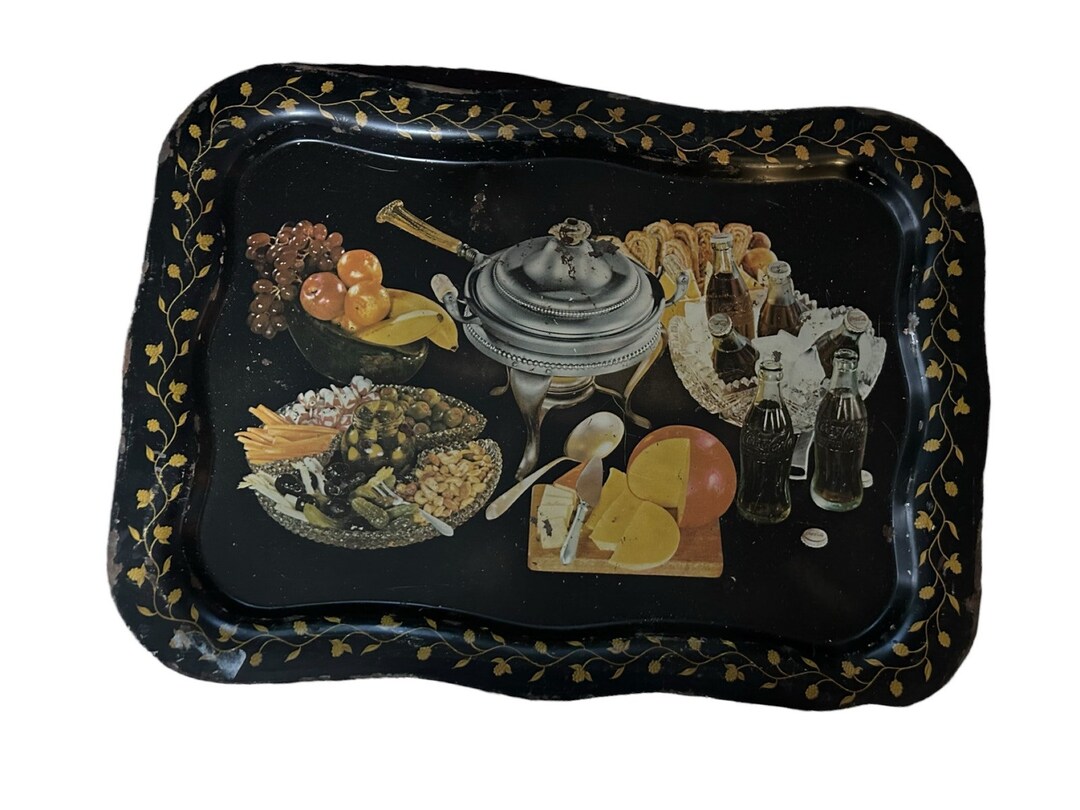 Vintage Coca Cola TV Tray Black Metal Serving Gold Floral Edge 1960s #2 ...