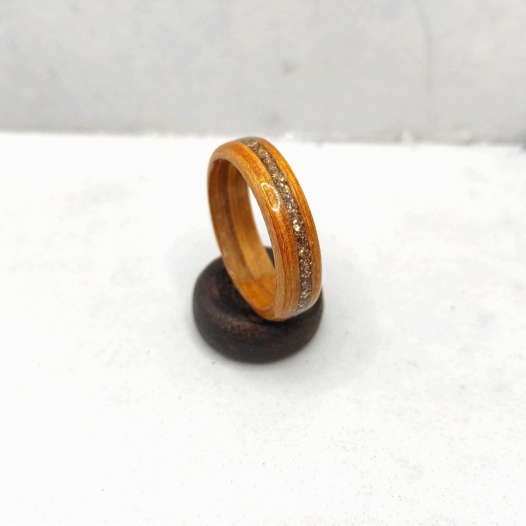 Teak Veneer Wood Ring With Dark Gold Glitter Inlay Women's Wood Ring ...