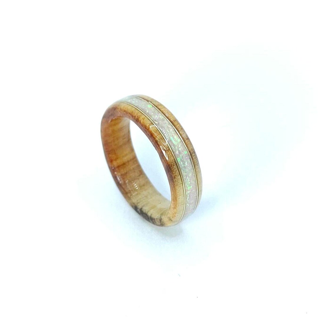 Handmade Willow Wood Ring, Willow With Blue Ice Opal, White Opal Wood ...