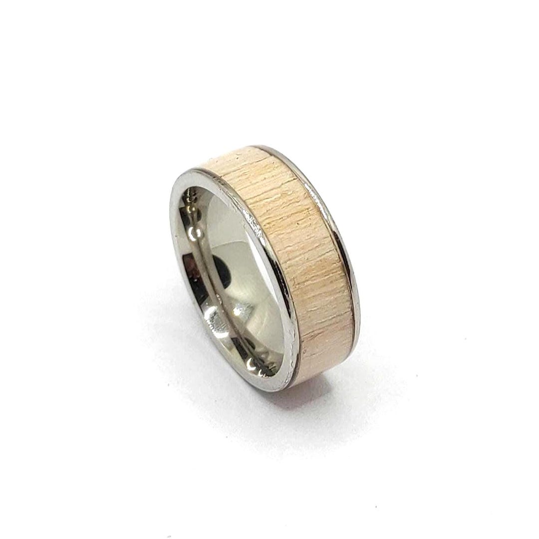 Handcrafted Men's White Oak Ring, Stainless Steel Band, White Oak ...
