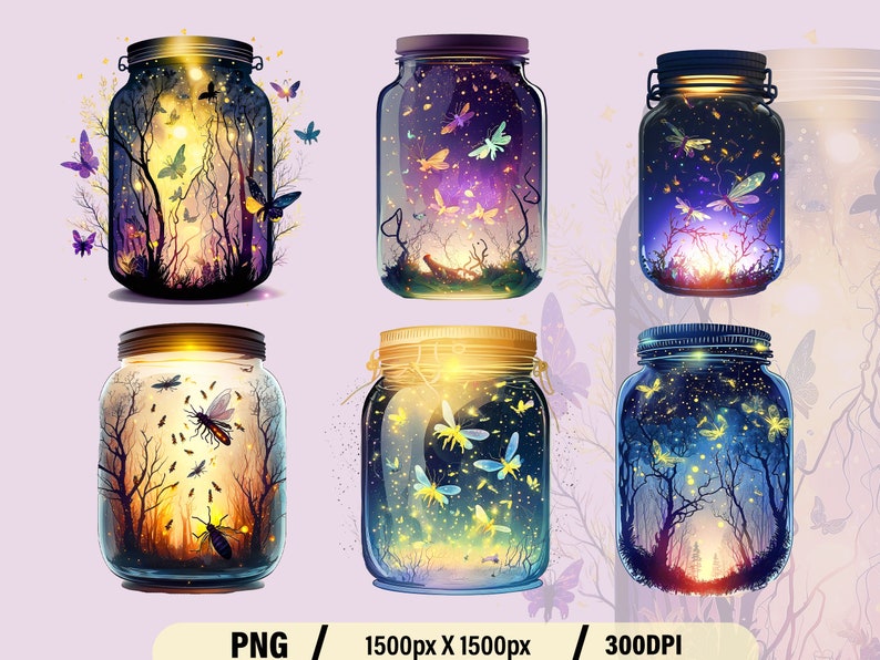 Watercolour Magical Jars Clipart, Fantasy Clipart, Fireflies Magical ...