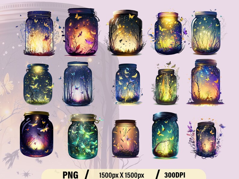 Watercolour Magical Jars Clipart, Fantasy Clipart, Fireflies Magical ...