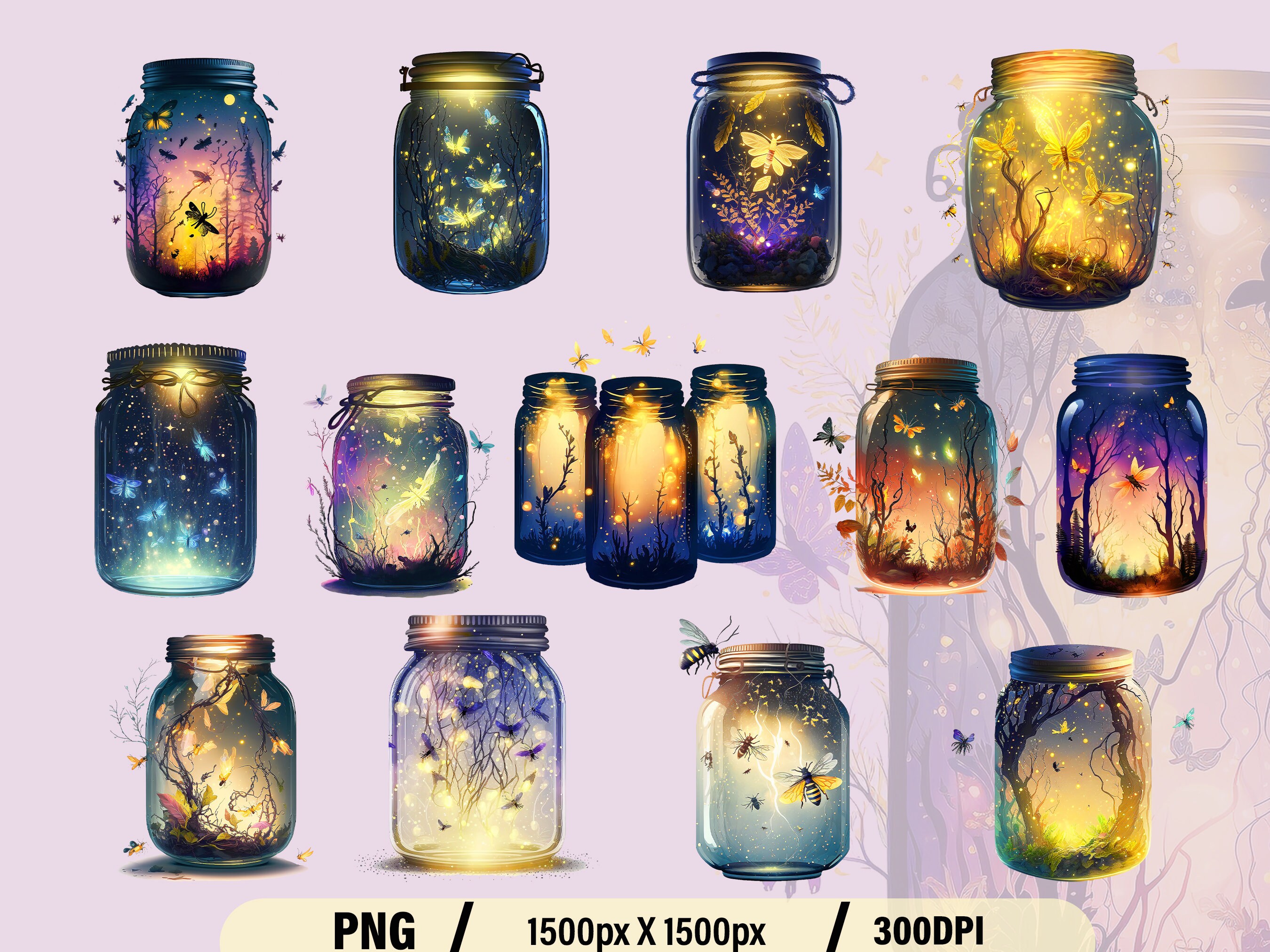 Watercolour Magical Jars Clipart, Fantasy Clipart, Fireflies Magical ...