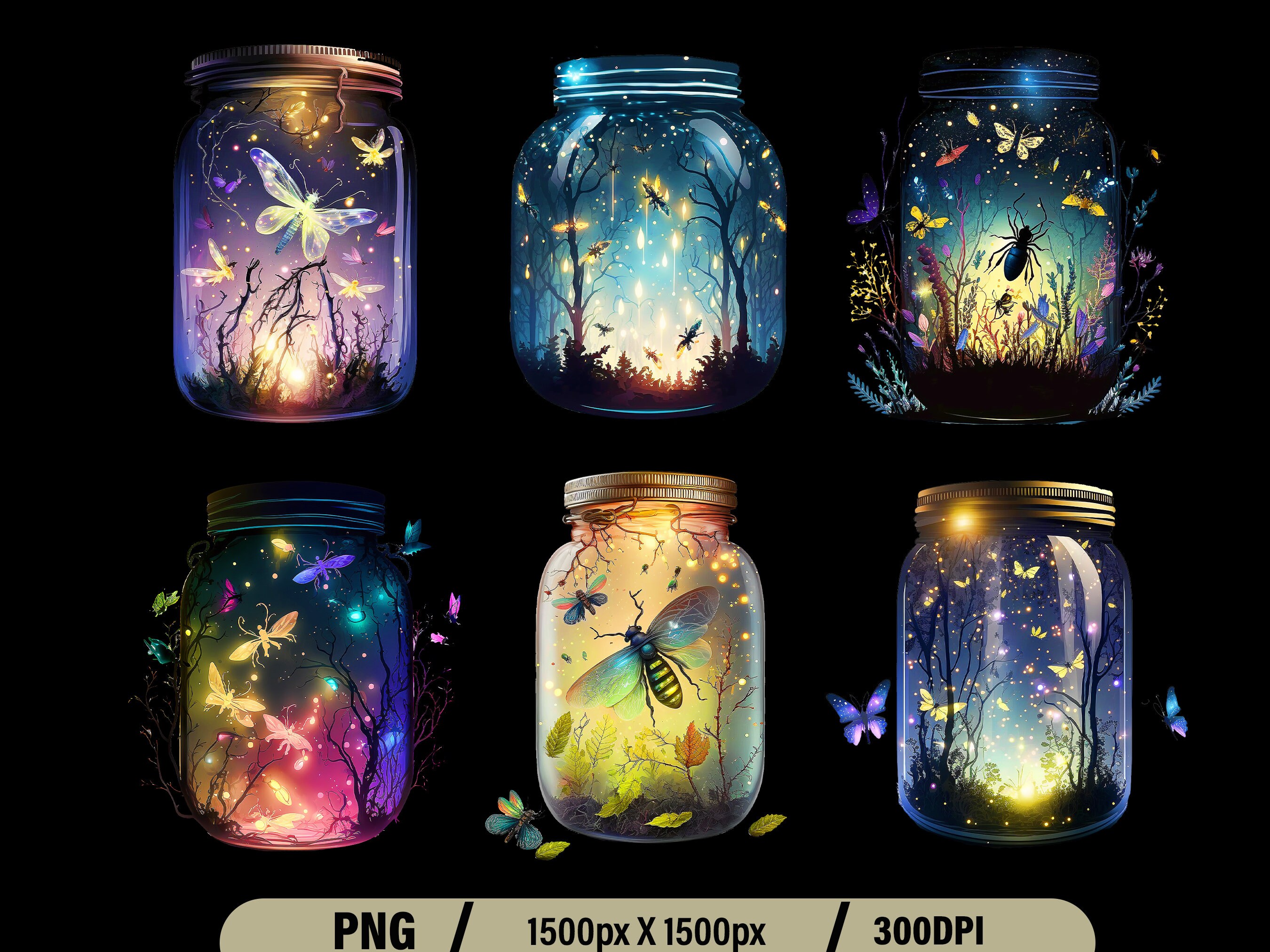 Watercolour Magical Jars Clipart, Fantasy Clipart, Fireflies Magical ...