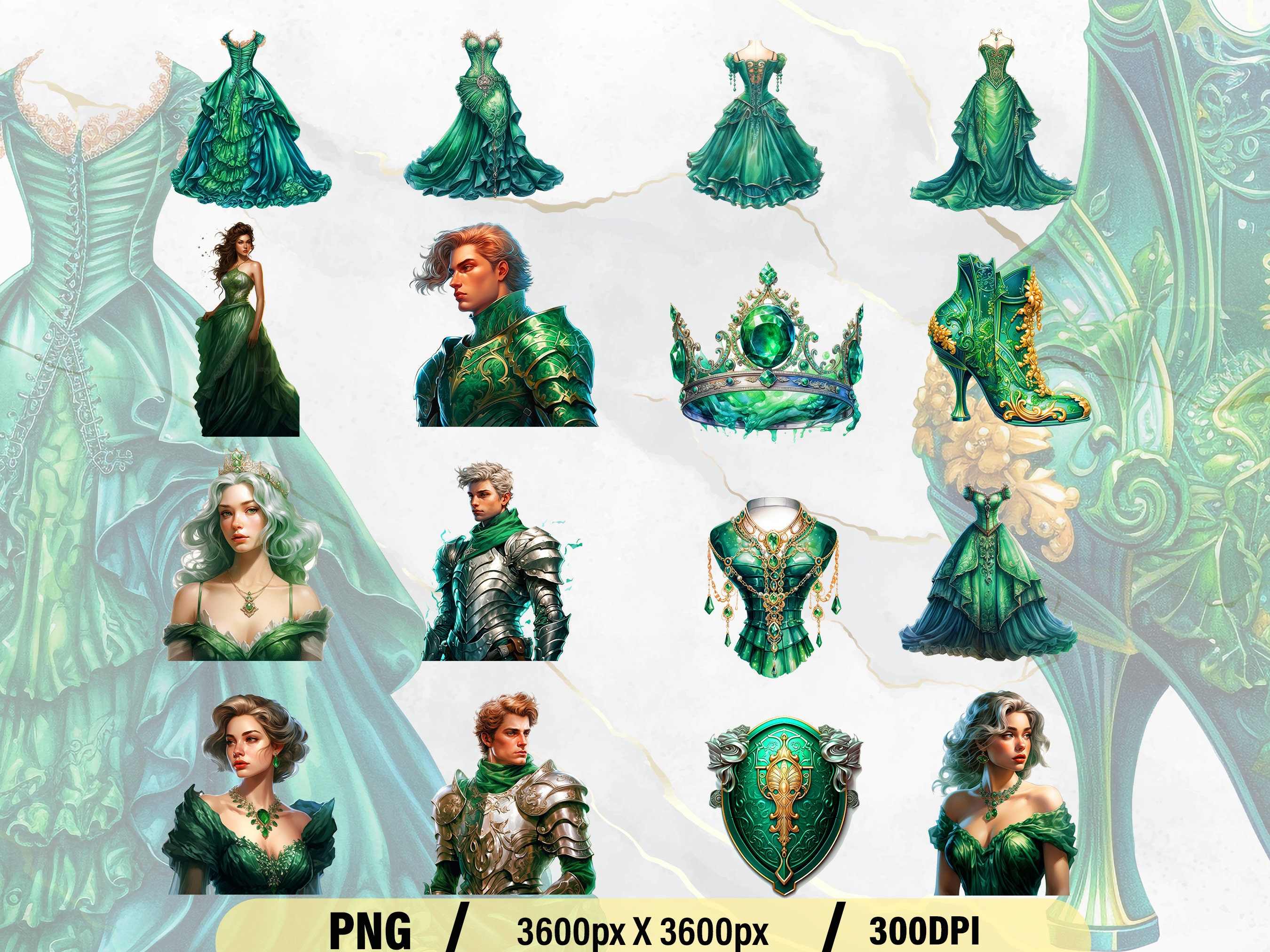 Emerald Princess Clipart Set, Watercolor Clipart, Vintage Lady PNG ...