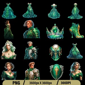 Emerald Princess Clipart Set, Watercolor Clipart, Vintage Lady PNG ...