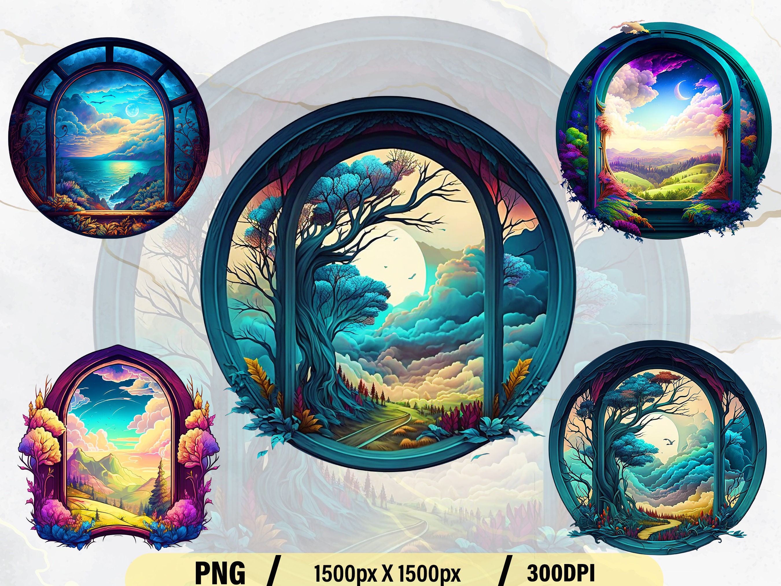 Watercolor Fantasy Landscape Window Clipart, Window Clipart, Fantasy ...