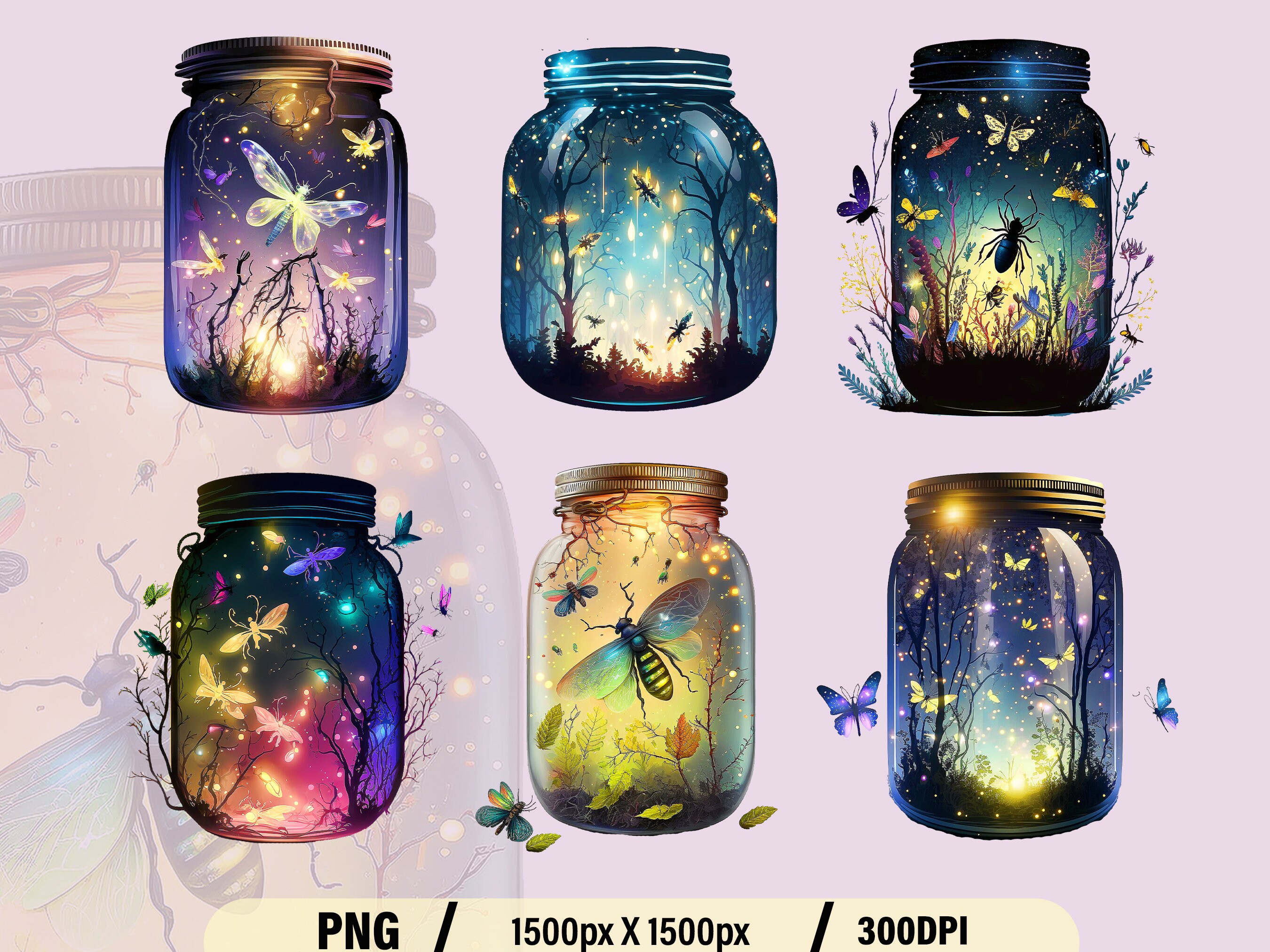 Watercolour Magical Jars Clipart, Fantasy Clipart, Fireflies Magical ...