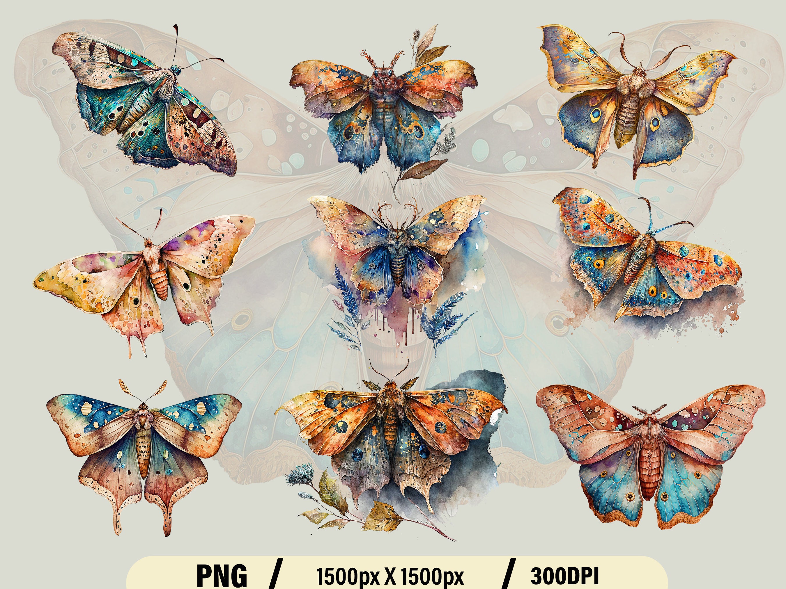 Fantasy Moths Watercolor Clipart, Moth Style, Aesthetic, Clipart ...