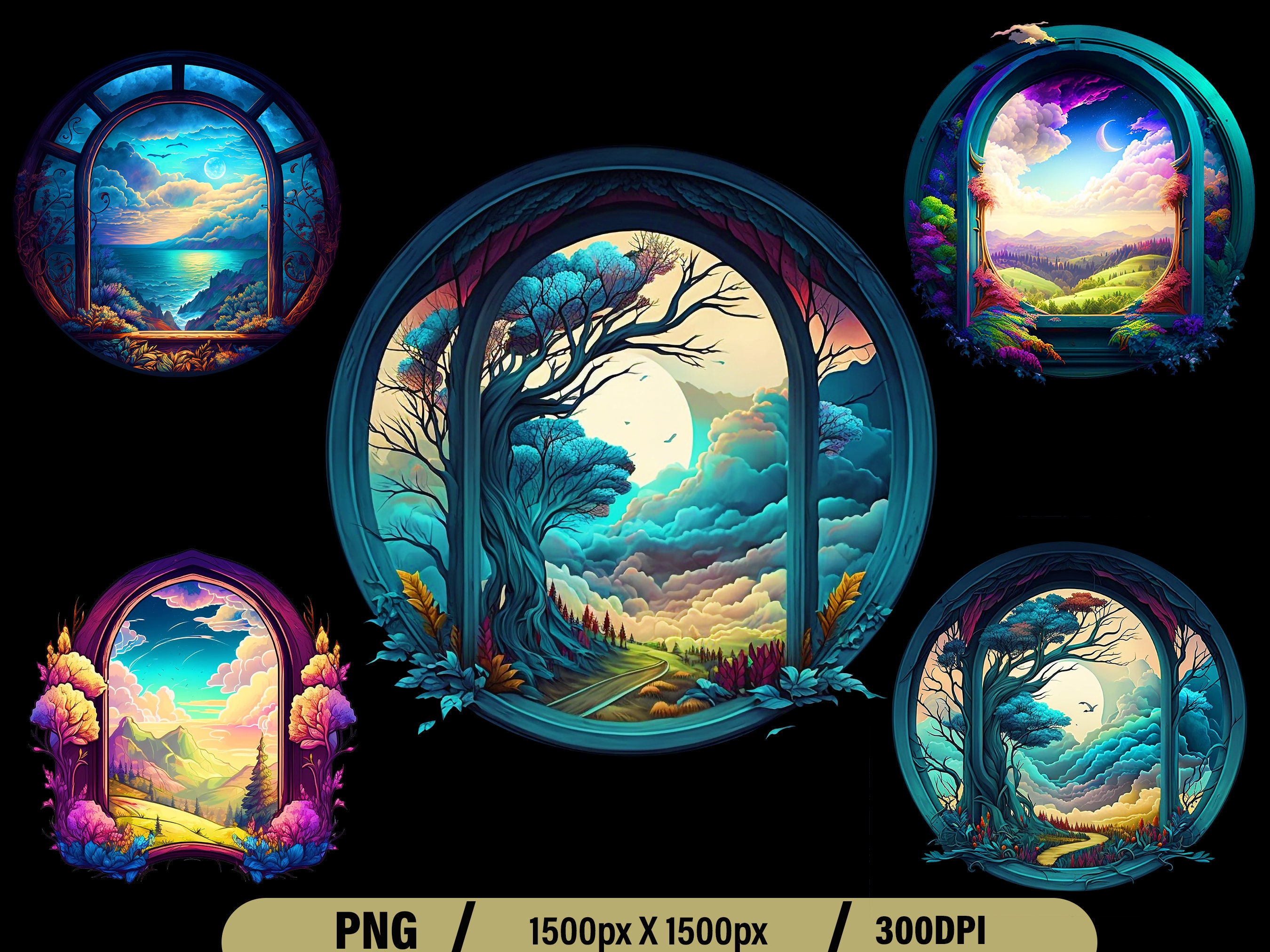 Watercolor Fantasy Landscape Window Clipart, Window Clipart, Fantasy ...