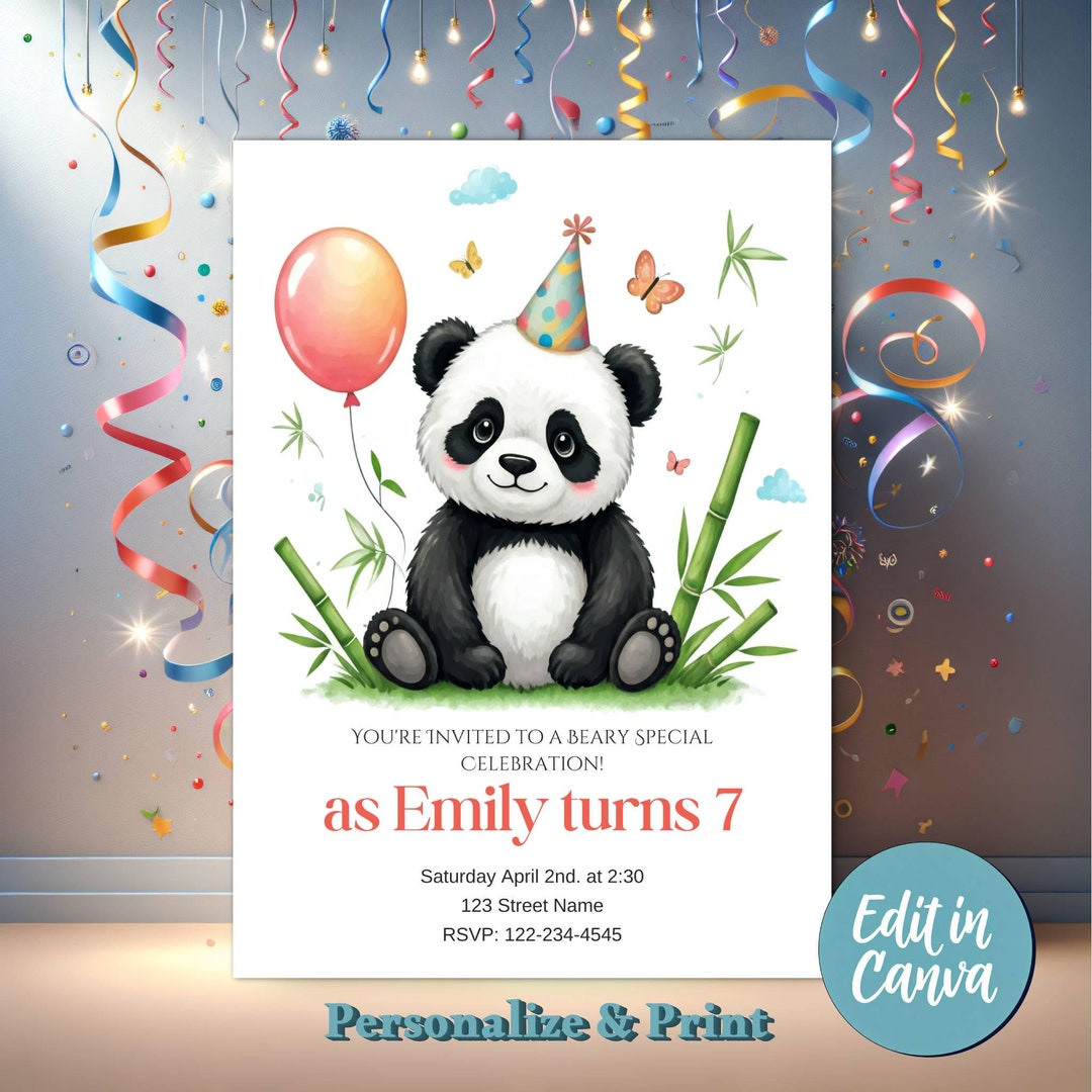 Editable Panda Bear Birthday Invitation Template 5"x7" | Personalizable ...