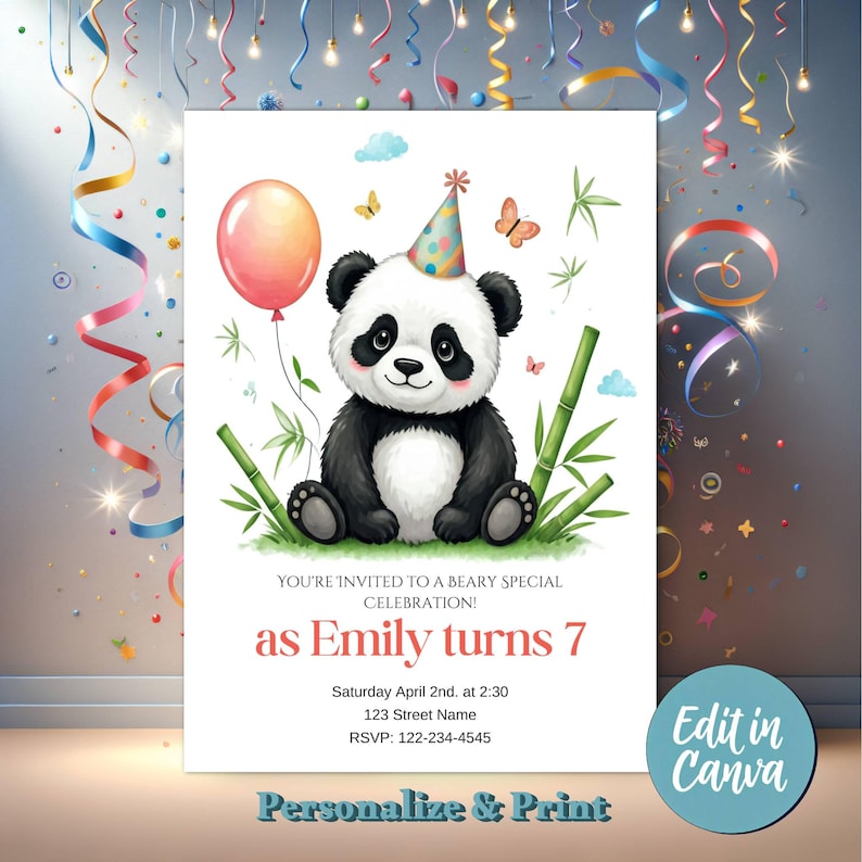 Editable Panda Bear Birthday Invitation Template 5"x7" | Personalizable ...