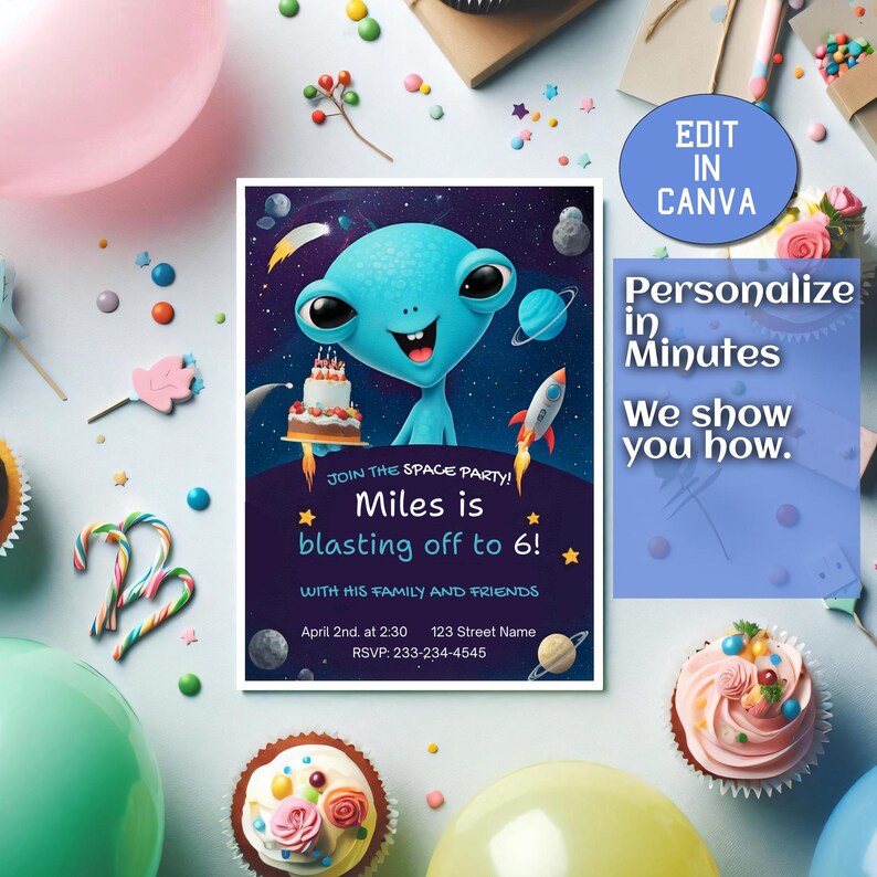 Editable Space Birthday Invitation Template 5"x7" | Alien, DIY ...