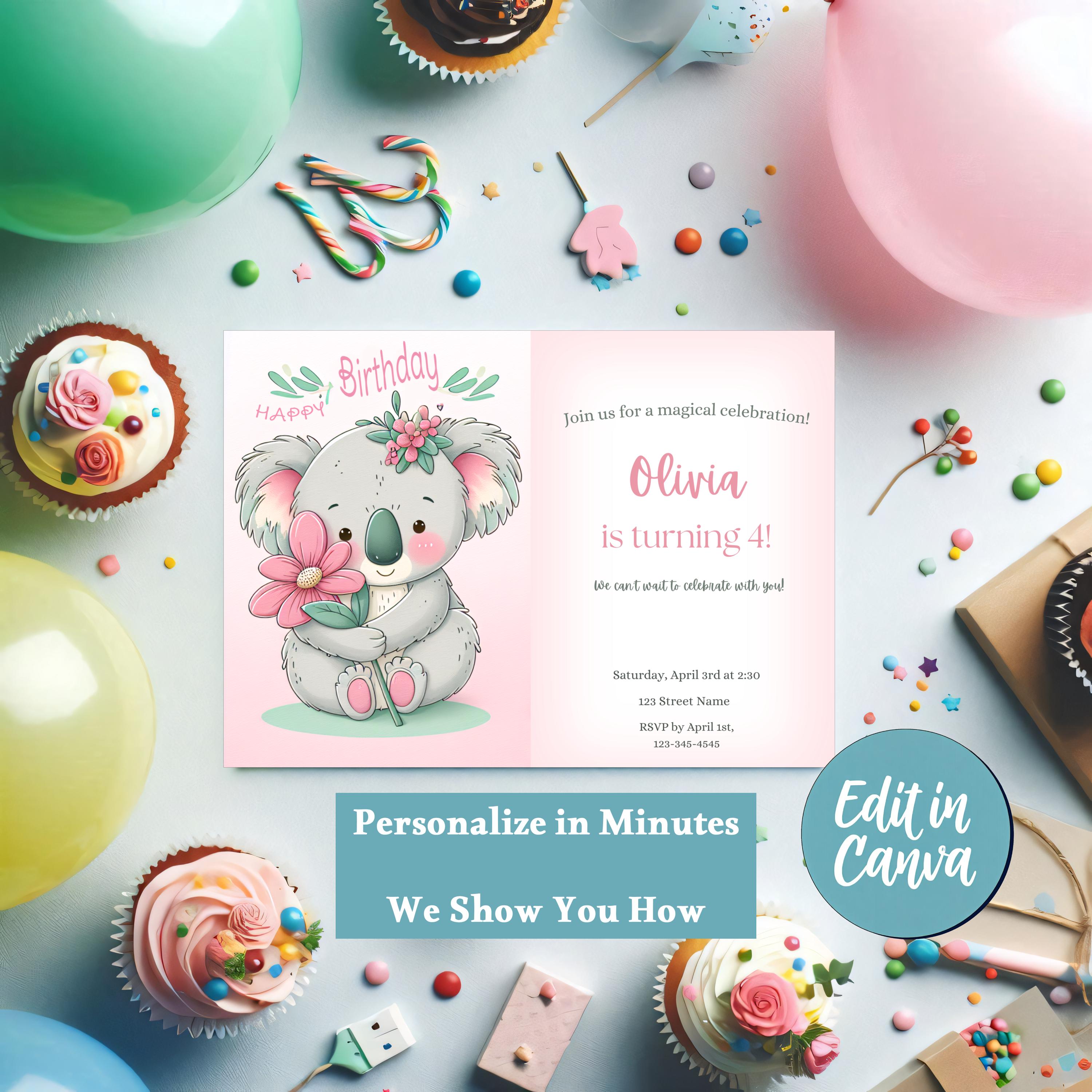 Editable Koala Birthday Invitation Template 7"x5" | Personalizable Kids ...