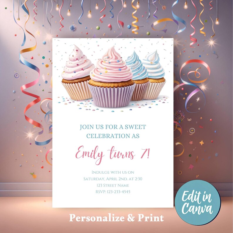 Editable Cupcake Birthday Invitation Template 5"x7" Personalizable Card ...