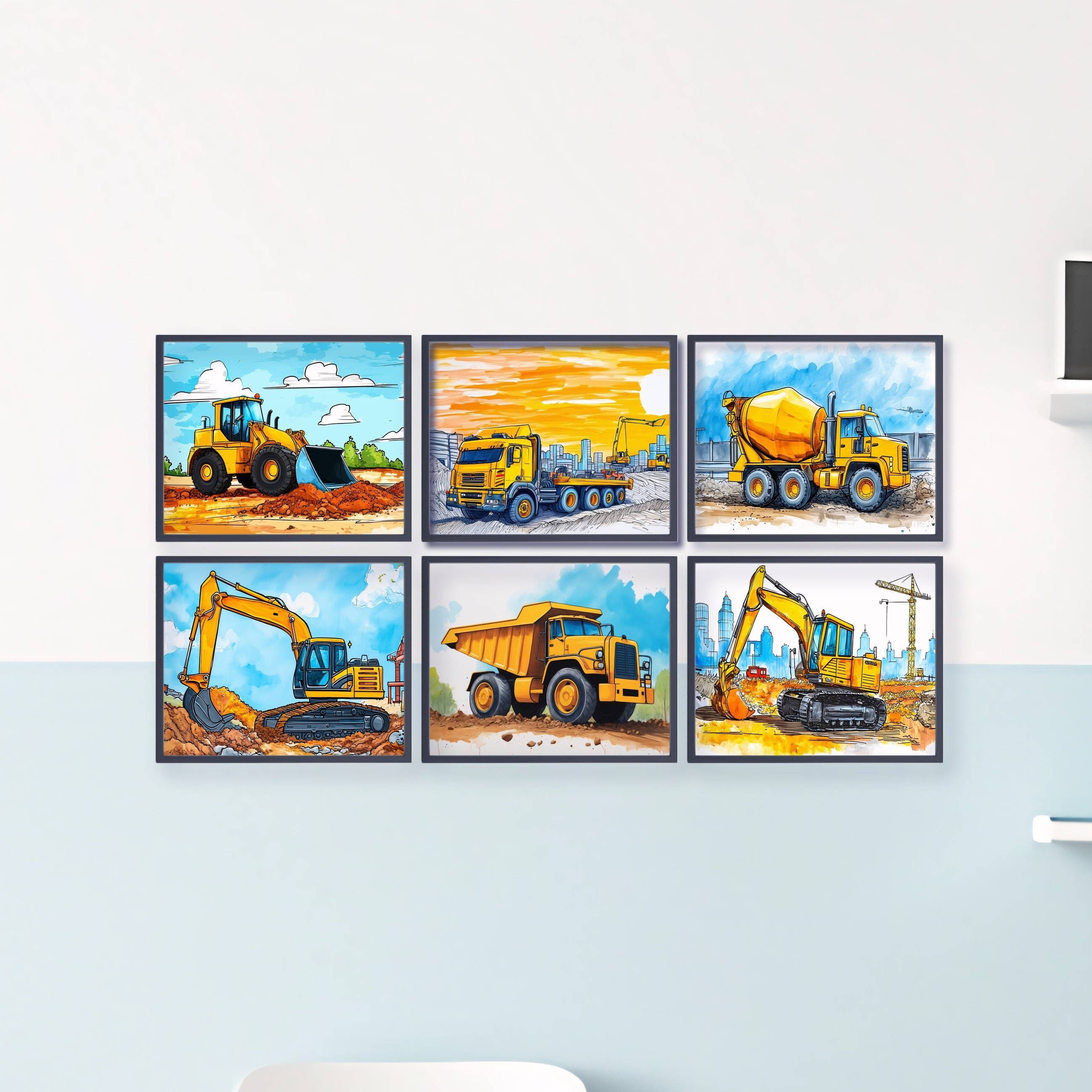 6 Construction Truck Posters Bundle Playrooms - Bulldozer, Mixer, Etc ...