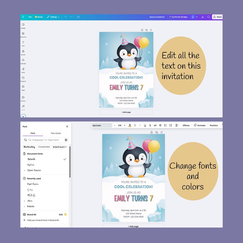 Editable Penguin Birthday Invitation Template 5"x7" | Personalizable ...
