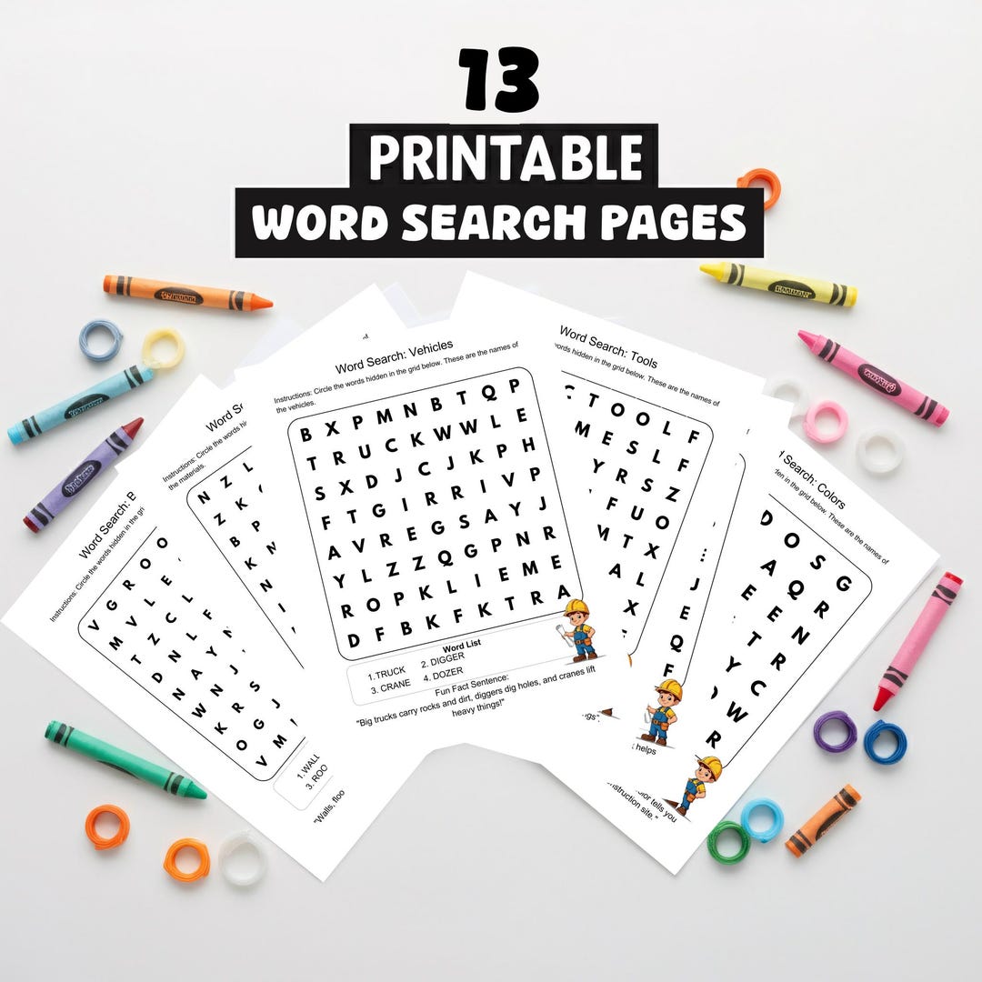 Construction-themed Word Search Puzzles for Kids | Fun Learning ...
