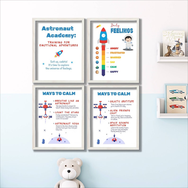 Feelings Poster, Emotions Chart Space Theme Kid's Playroom Bundle Wall ...