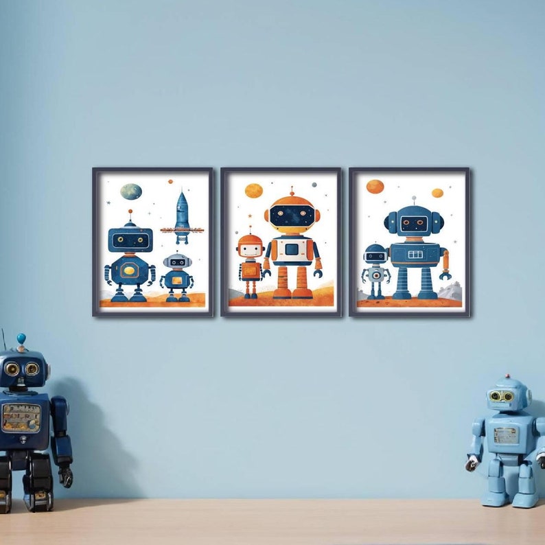 Space ROBOT Theme Wall Art Playroom Bundle - Set of 3 Unframed ...