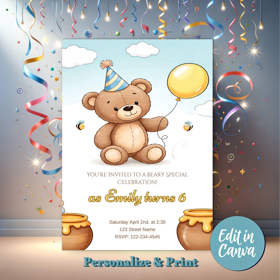 Editable Teddy Bear Birthday Invitation Template 5"x7" | Personalizable ...