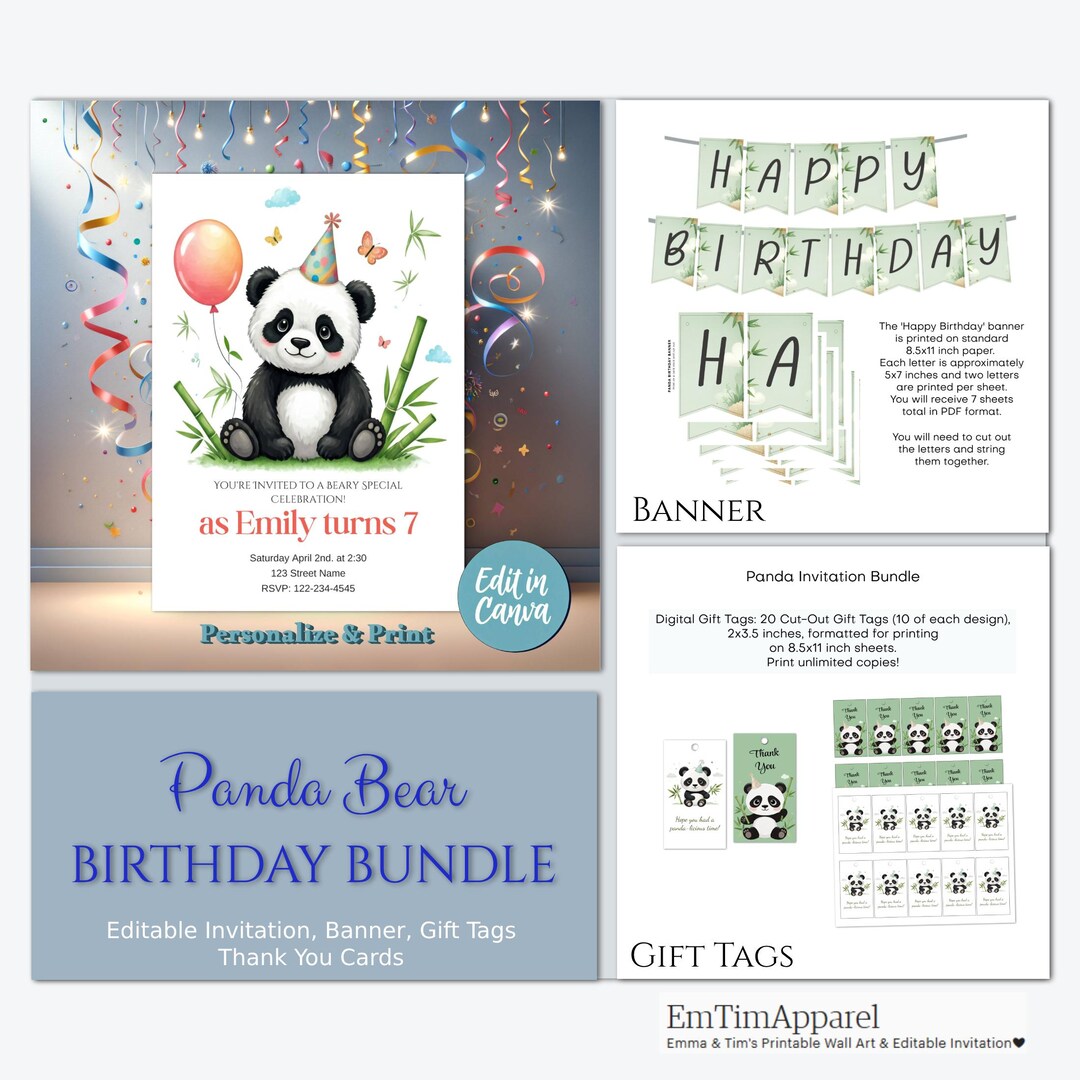 Editable Panda Birthday Invitation Bundle (digital Download) - Etsy