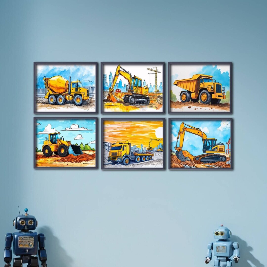 6 Construction Truck Posters Bundle Playrooms Bulldozer, Mixer, Etc ...