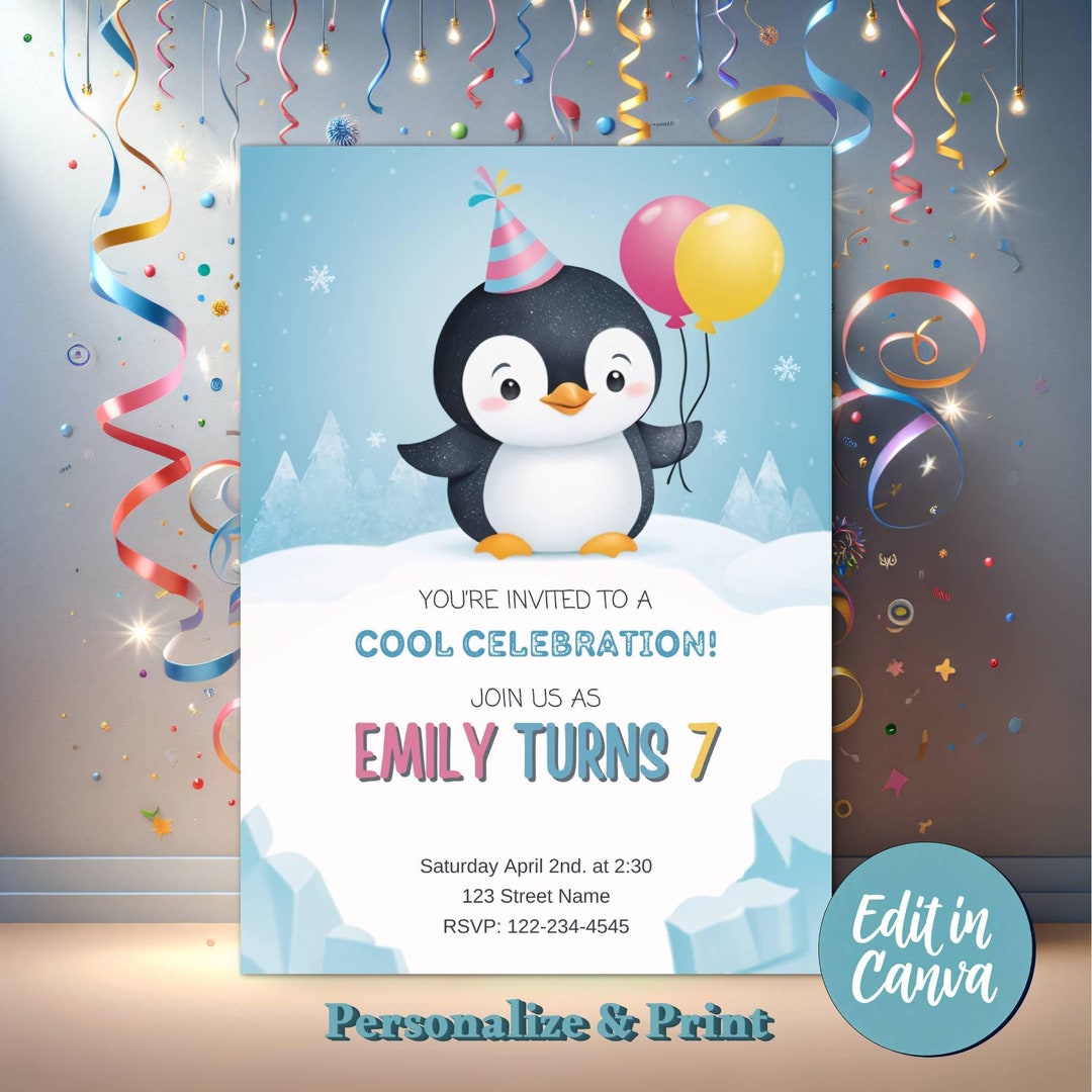 Editable Penguin Birthday Invitation Template 5"x7" | Personalizable ...