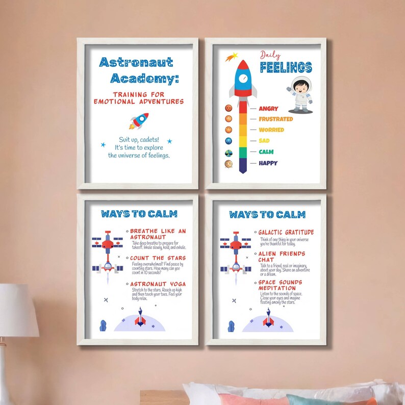 Feelings Poster, Emotions Chart Space Theme Kid's Playroom Bundle Wall ...