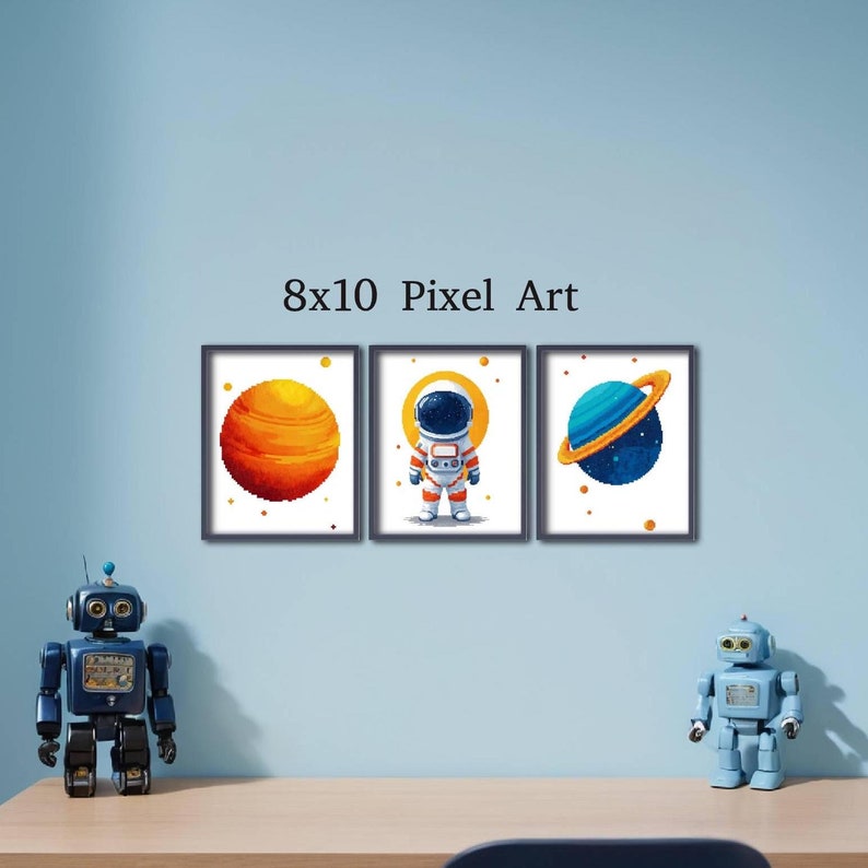 Space Theme Pixel Art Playroom Bundle Wall Art - Set of 3 Unframed ...