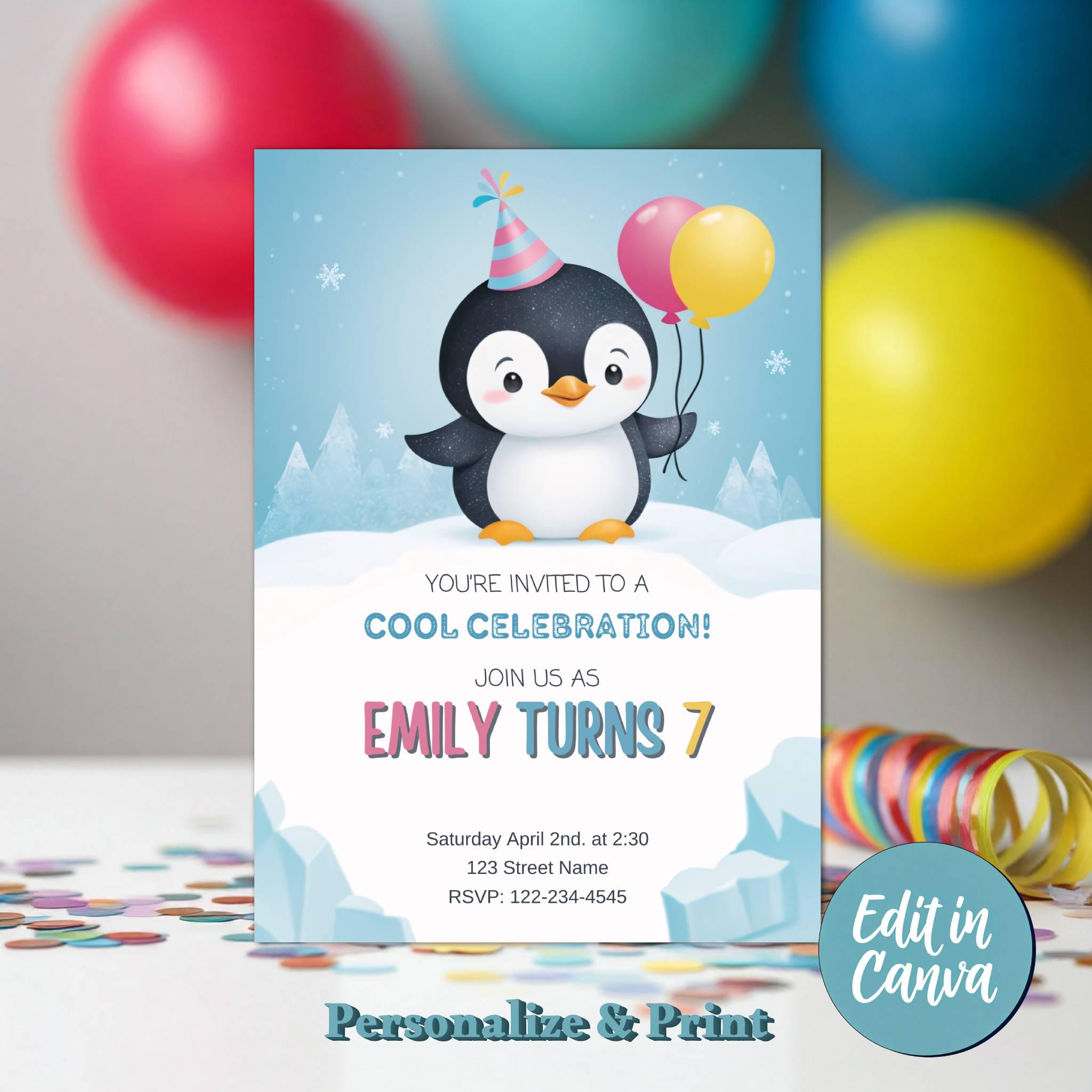 Editable Penguin Birthday Invitation Template 5"x7" | Personalizable ...
