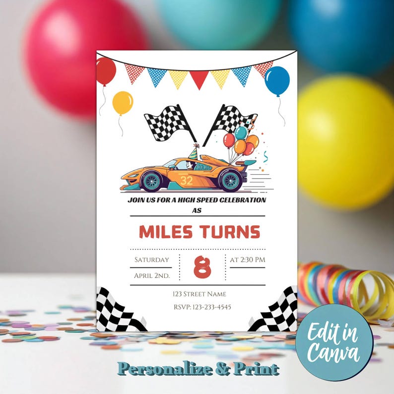 Editable Race Car Birthday Invitation Template 5"x7" #4, DIY Printable ...