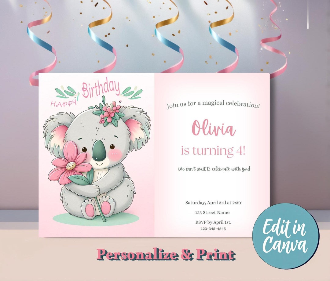 Editable Koala Birthday Invitation Template 7"x5" | Personalizable Kids ...