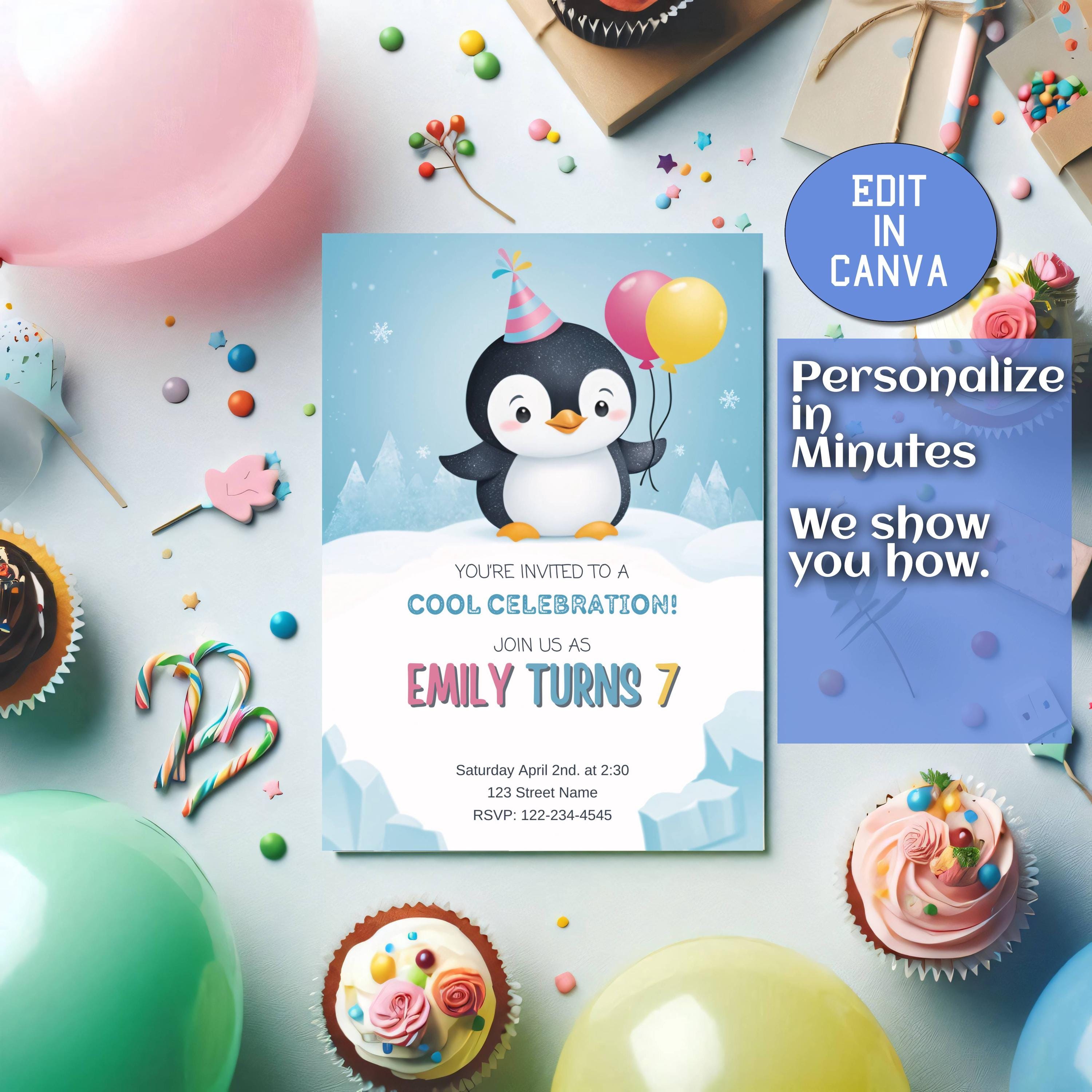 Editable Penguin Birthday Invitation Template 5"x7" | Personalizable ...